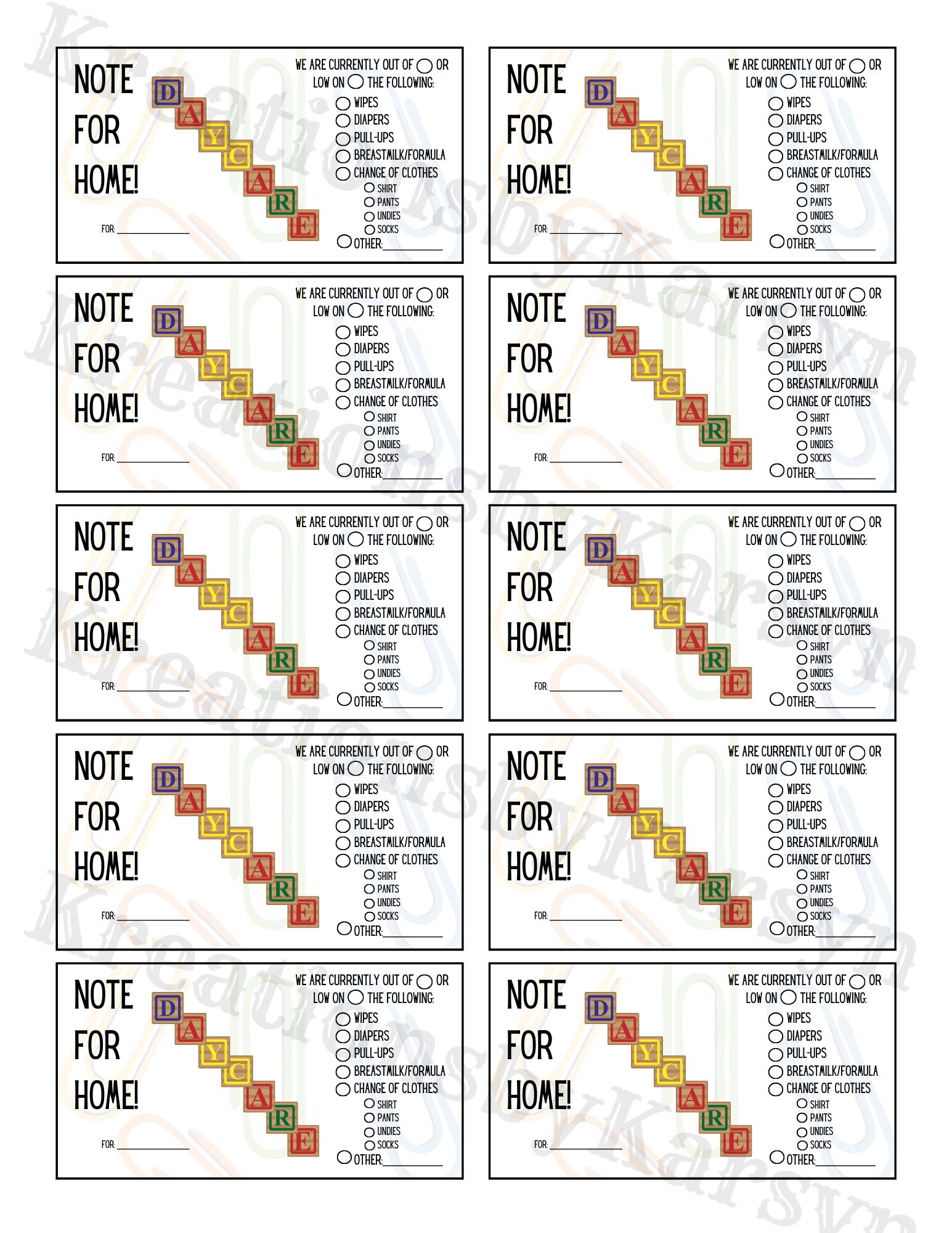 Printable | Daycare Essentials Reminder Note | Instant Download - Etsy