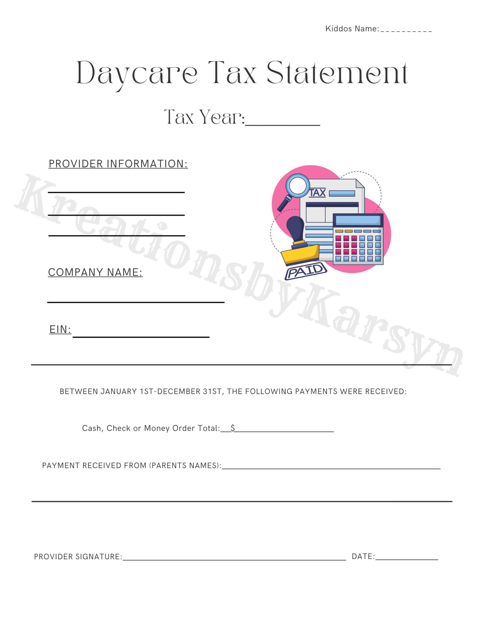 Printable | Daycare Tax Statement Form/end of Year Tax Form - Etsy