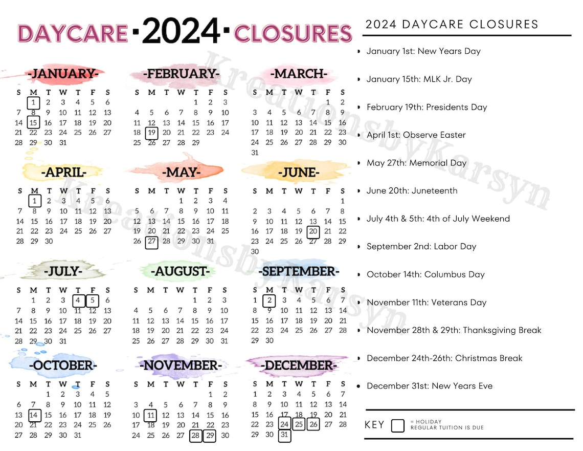 Editable Printable 2024 Daycare Closure Calendar - Etsy Canada