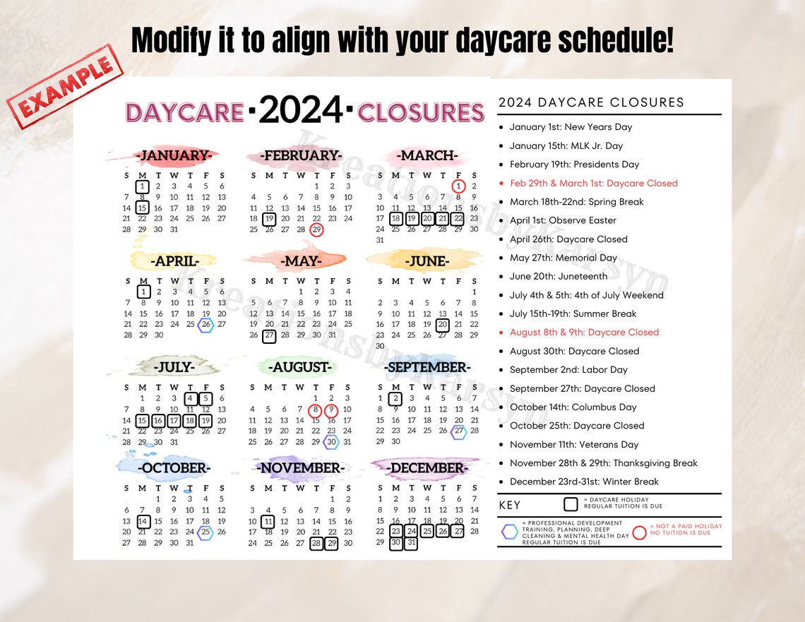 Editable Printable 2024 Daycare Closure Calendar - Etsy Canada