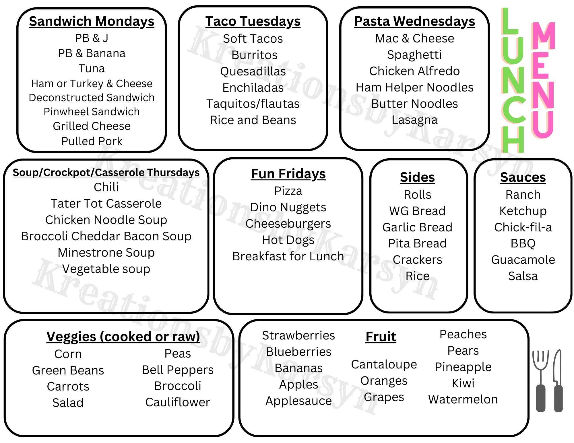 Editable & Printable | Menu | Weekly Lunch Menu | Daycare Food Ideas - Etsy