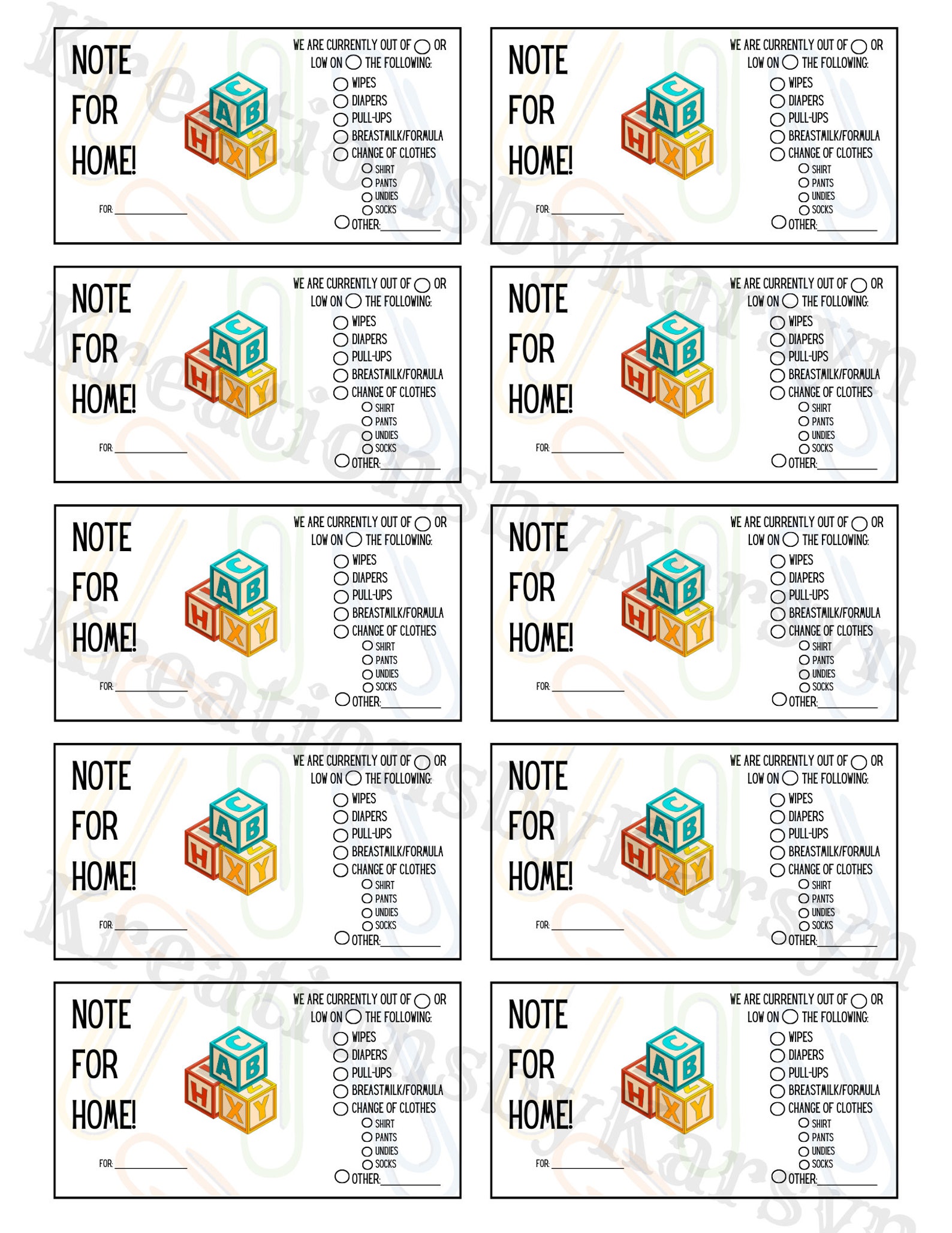 Printable | Daycare Essentials Reminder Note | Instant Download - Etsy