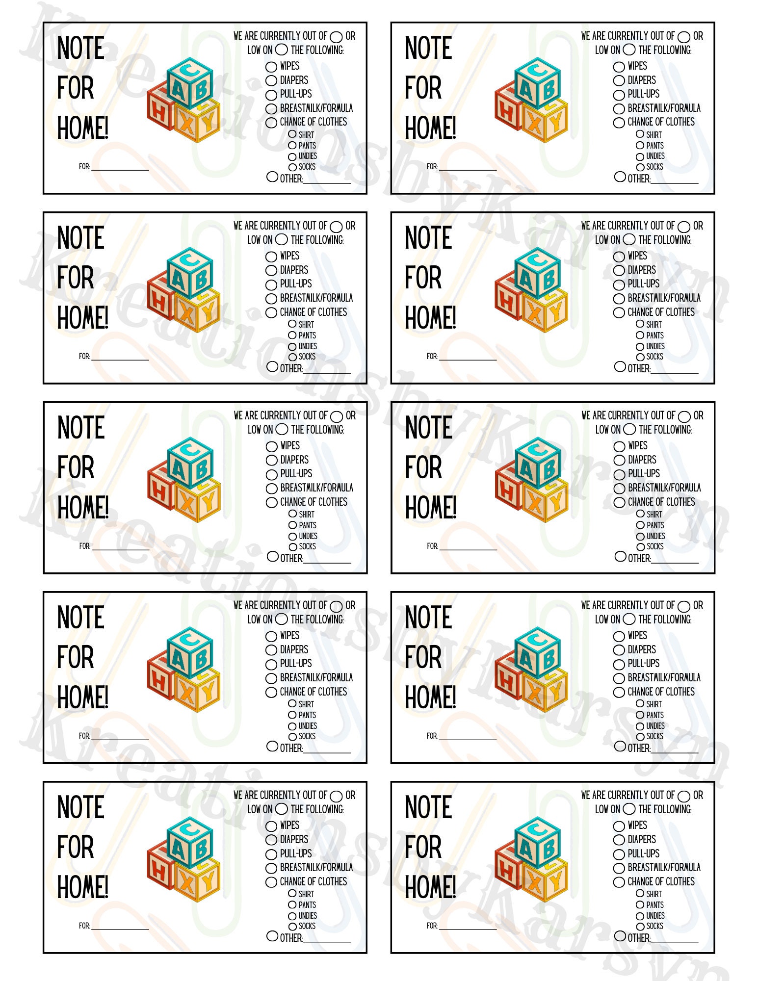 Printable | Daycare Essentials Reminder Note | Instant Download - Etsy