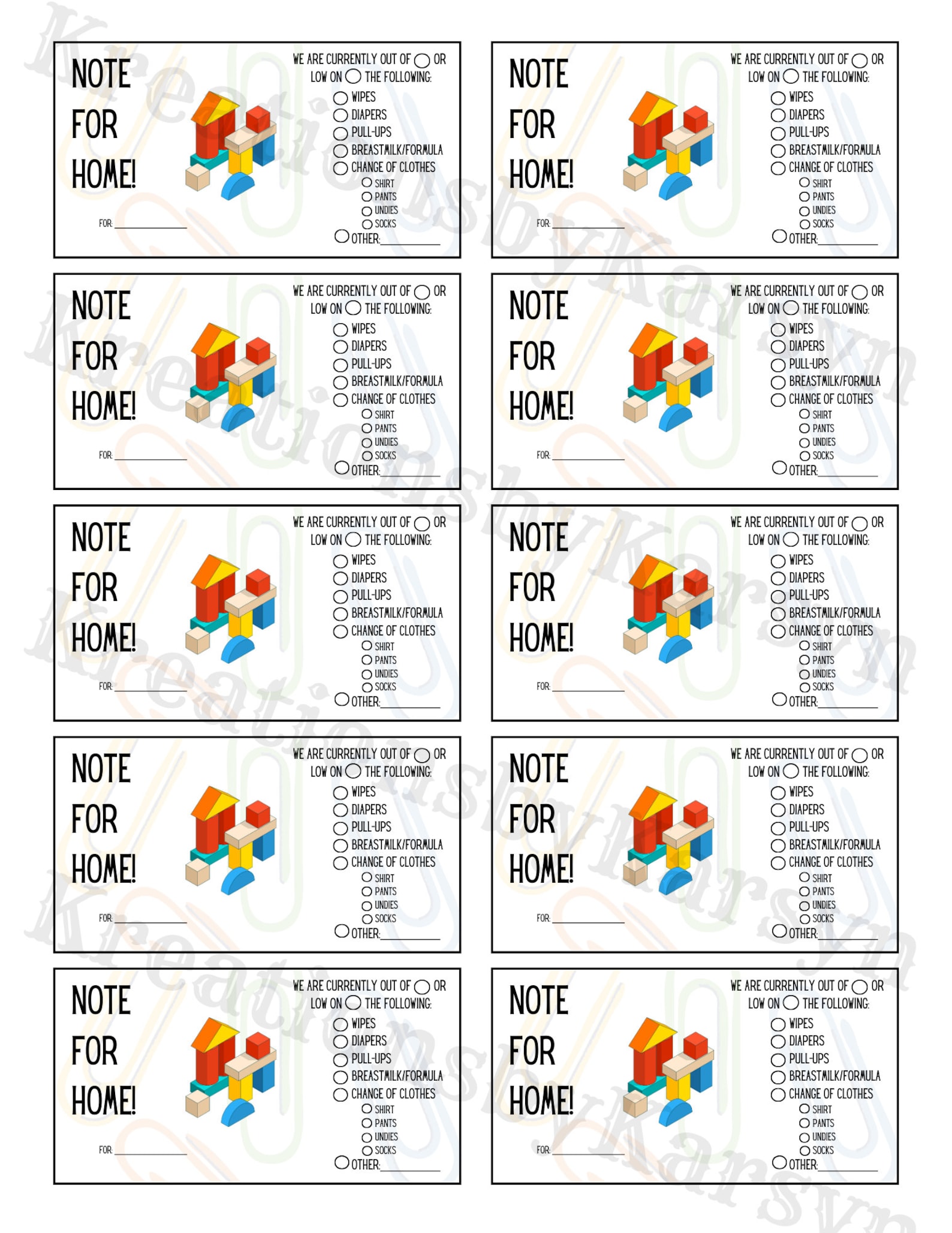 Printable | Daycare Essentials Reminder Note | Instant Download - Etsy