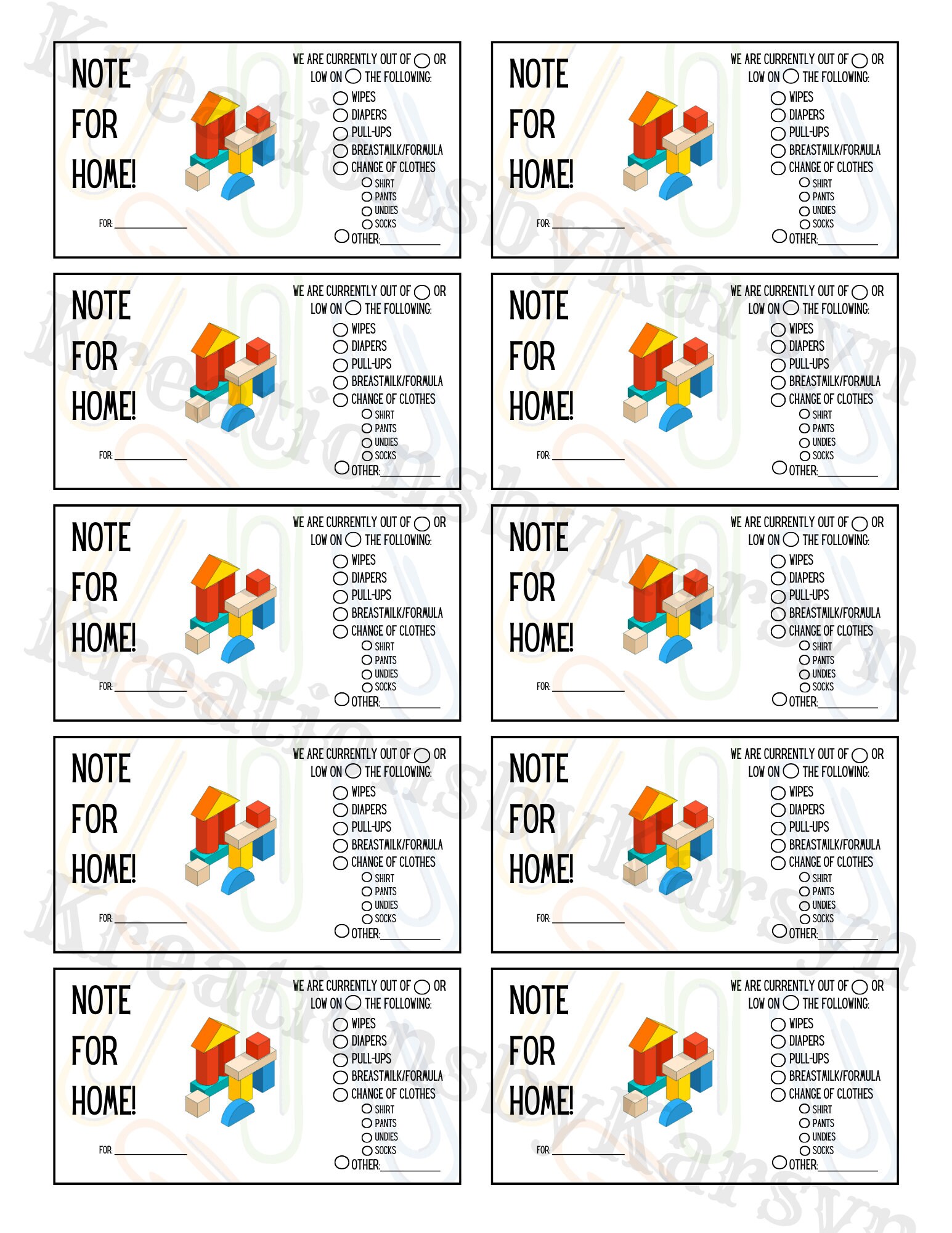 Printable | Daycare Essentials Reminder Note | Instant Download - Etsy