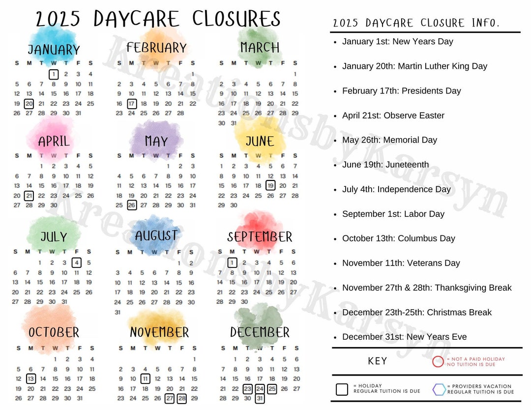 Editable & Printable | 2025 Daycare Closure Calendar - Etsy