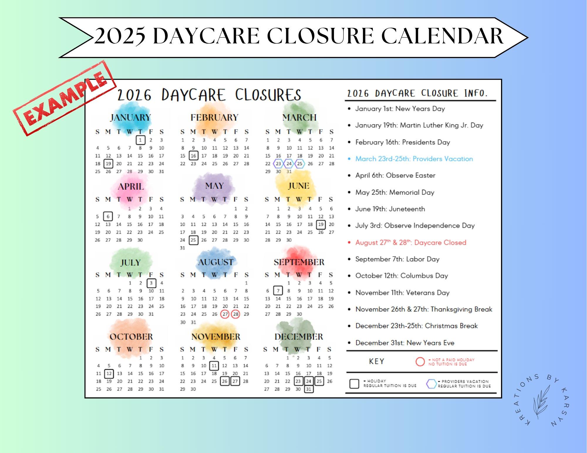 Editable & Printable | 2026 Daycare Closure Calendar - Etsy