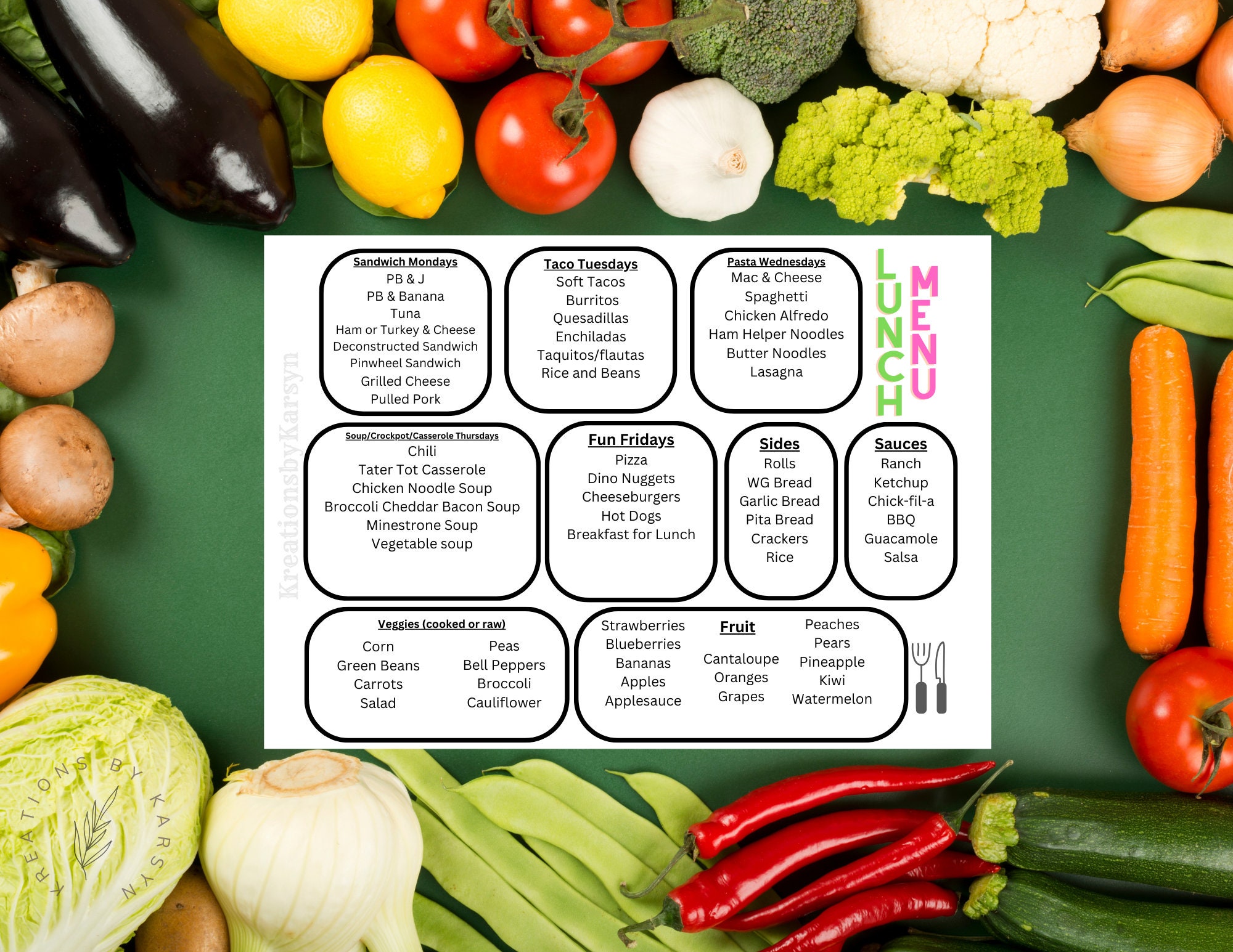 Editable & Printable | Menu | Weekly Lunch Menu | Daycare Food Ideas - Etsy