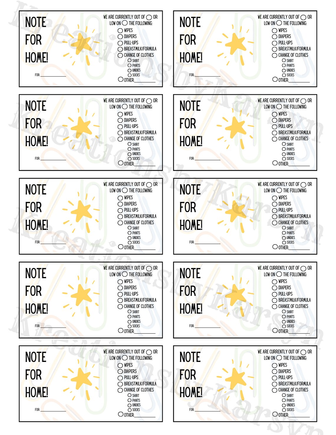 Printable | Daycare Essentials Reminder Note | Instant Download - Etsy
