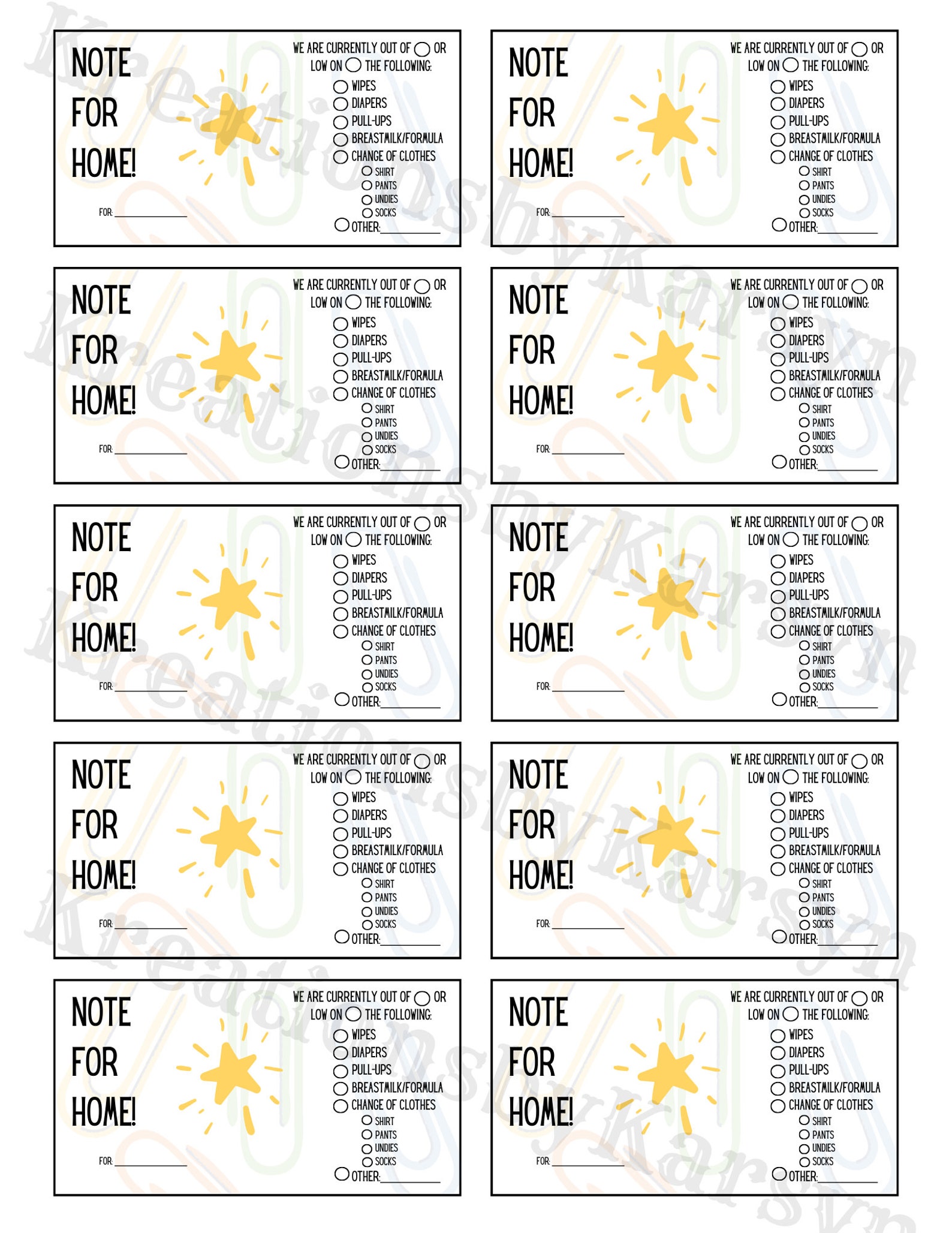 Printable | Daycare Essentials Reminder Note | Instant Download - Etsy