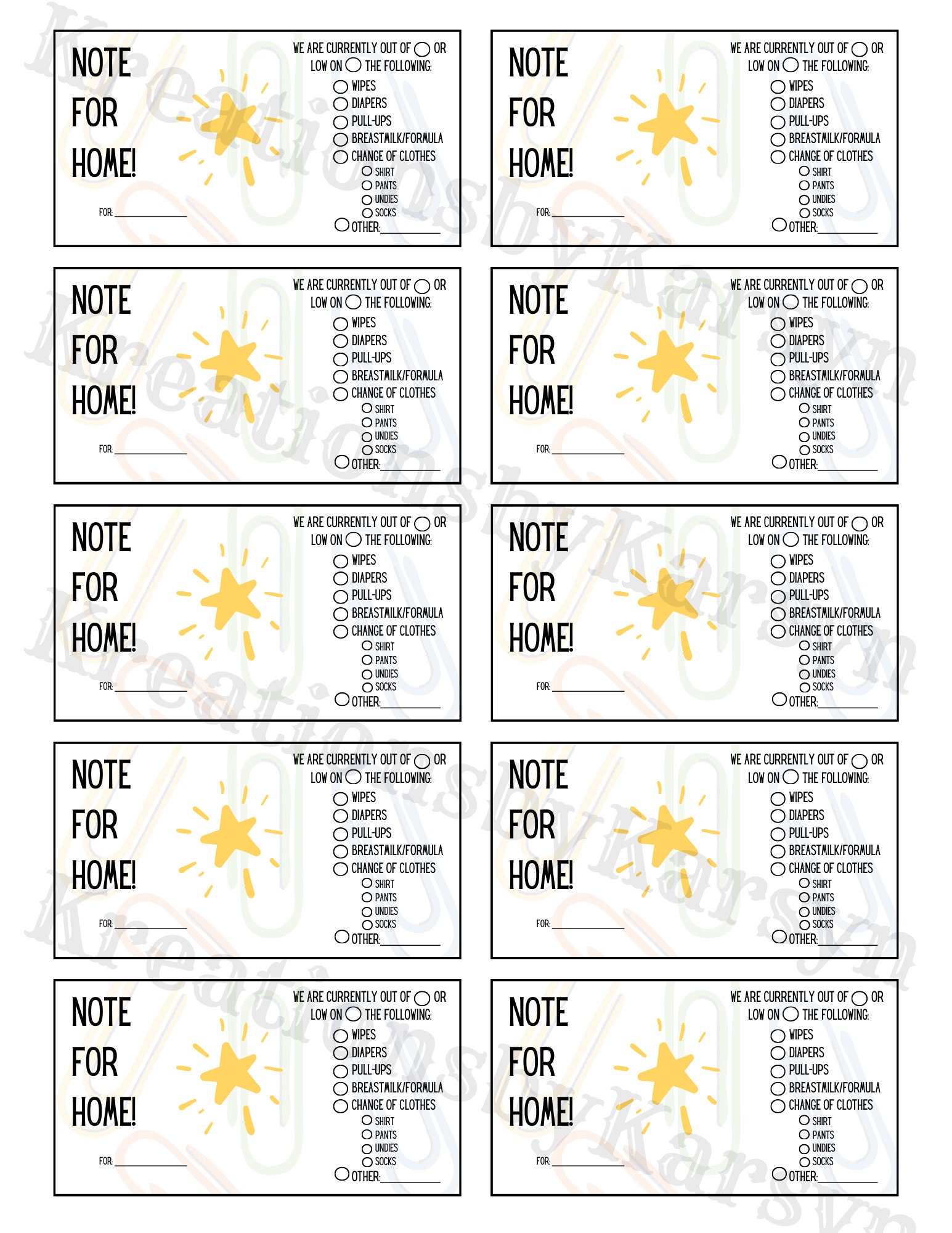 Printable | Daycare Essentials Reminder Note | Instant Download - Etsy