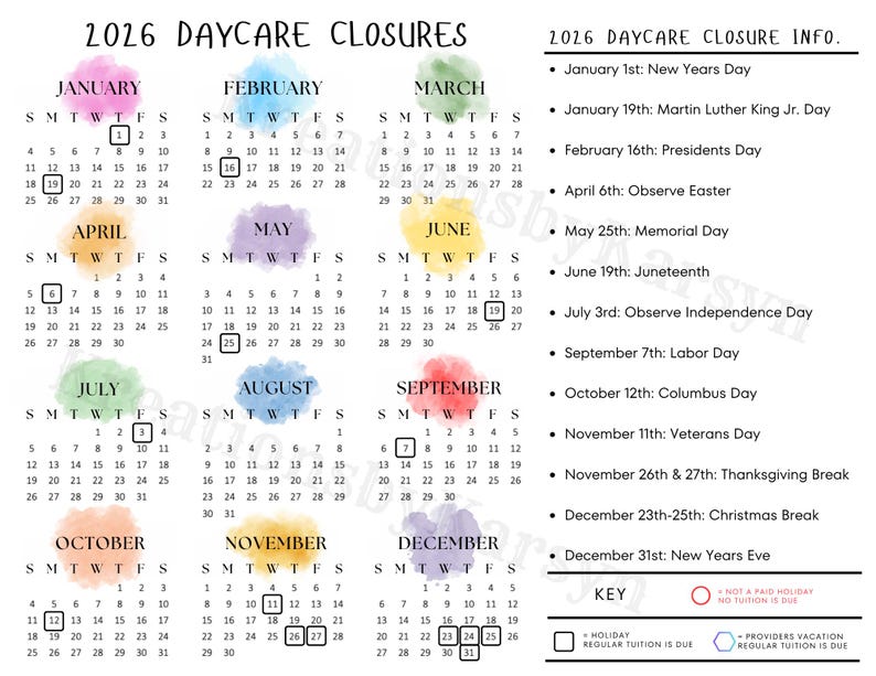 Editable & Printable | 2026 Daycare Closure Calendar - Etsy