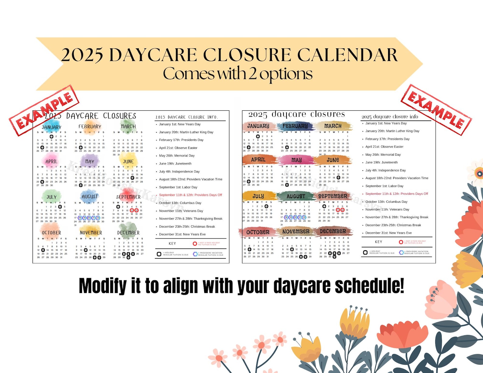 Editable & Printable | 2025 Daycare Closure Calendar - Etsy