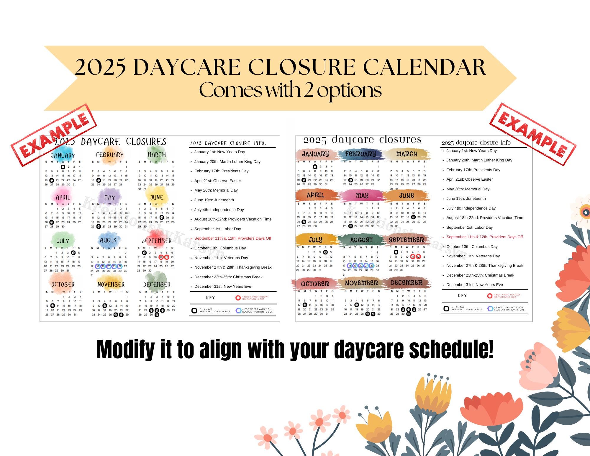 Editable & Printable | 2025 Daycare Closure Calendar - Etsy
