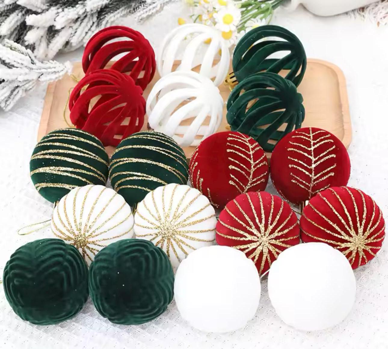 Elegant Christmas Bauble Set - Red, Green, & White Velvet and Glitter ...
