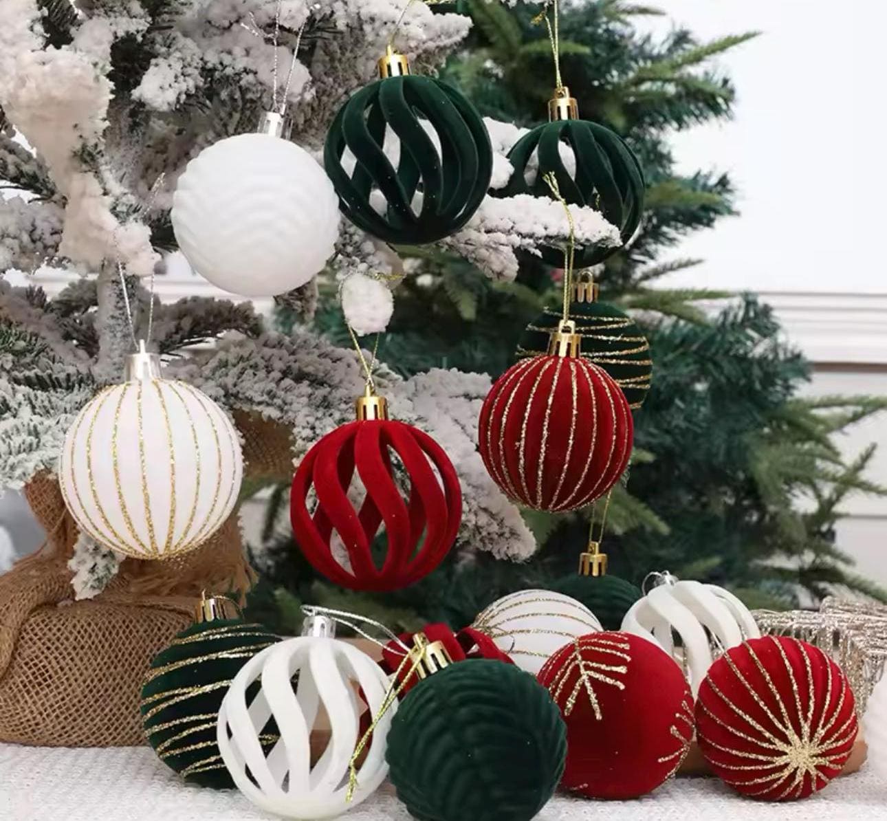Elegant Christmas Bauble Set - Red, Green, & White Velvet and Glitter ...