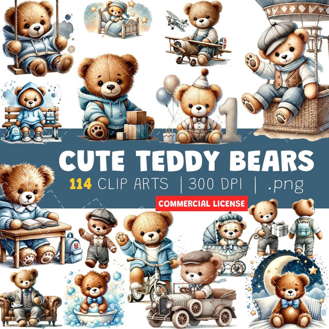 114 Cute Teddy Bear Clip Arts Pack | Baby Shower Blue Watercolor Teddy ...
