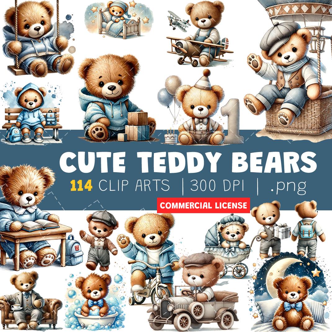 114 Cute Teddy Bear Clip Arts Pack | Baby Shower Blue Watercolor Teddy ...