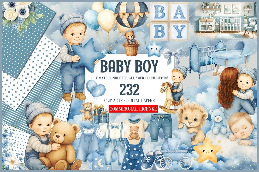 Baby Boy Graphics: 65 Cliparts & Digital Papers (digital Download) - Etsy