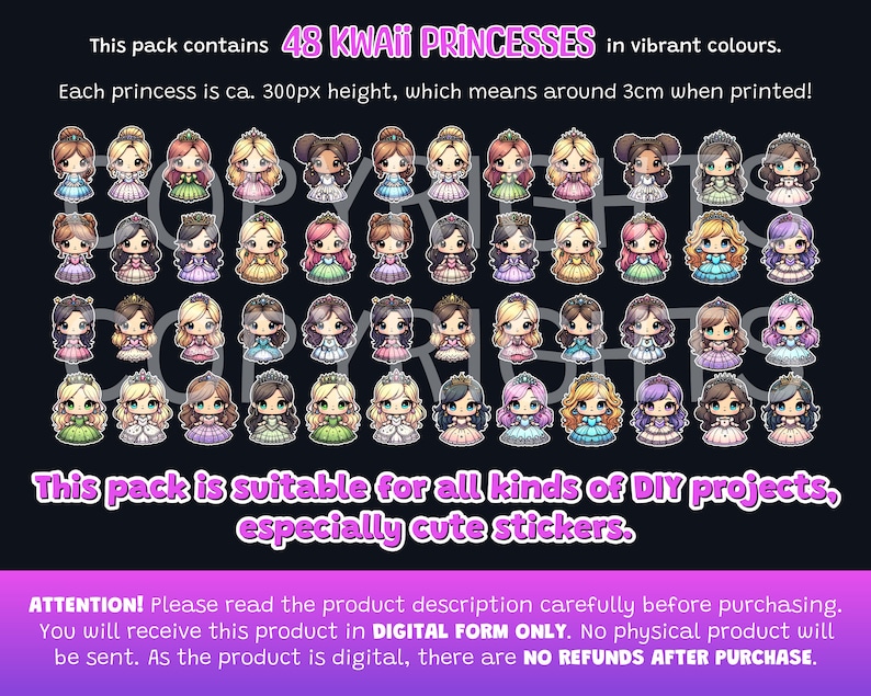 48 Kawaii Princesses Pack | Print and Cut Ready | Perfect for Stickers ...