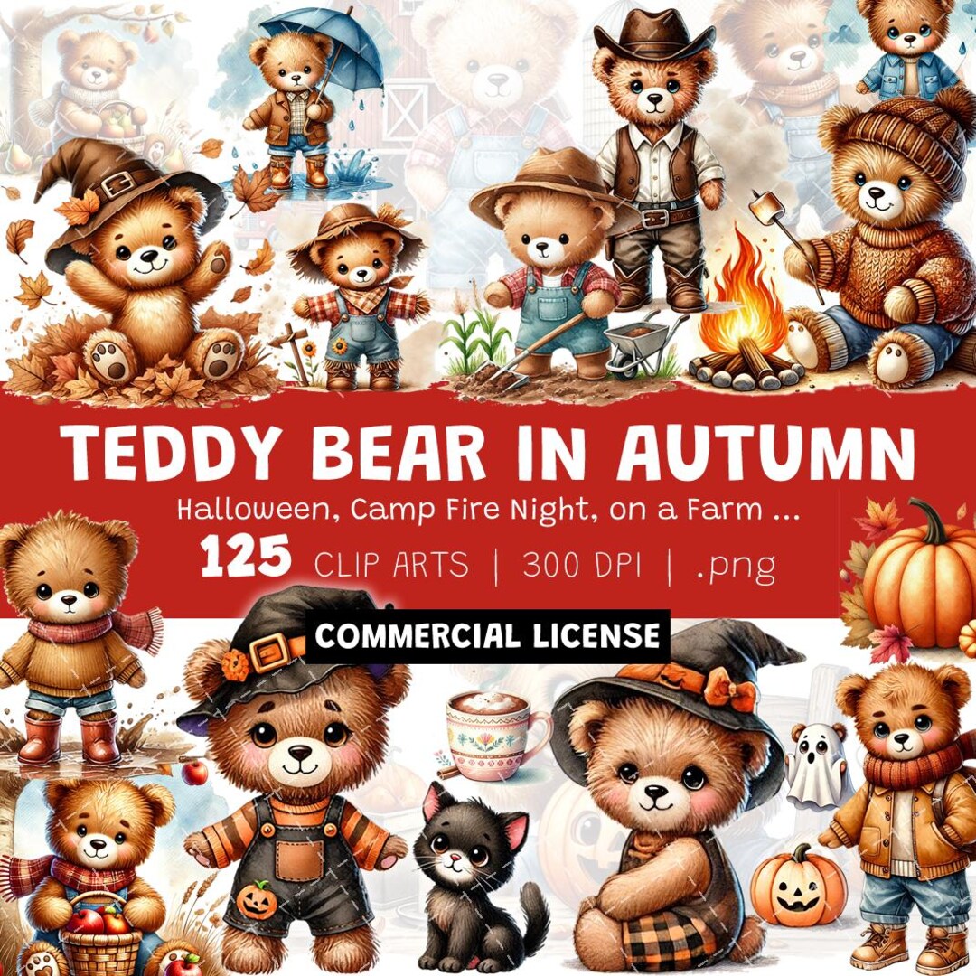 120 Autumn & Halloween, Farm Teddy Bear Cliparts | Farm, Cozy Fall ...