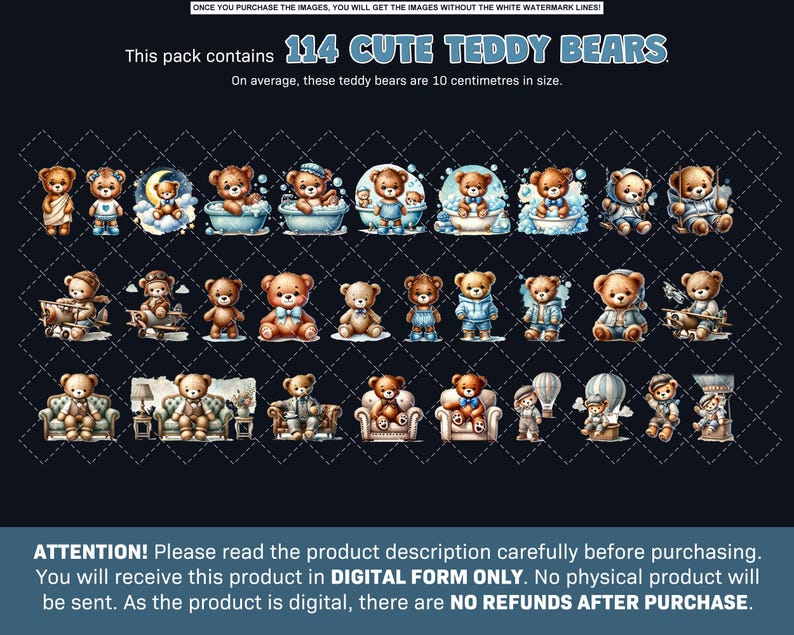 114 Cute Teddy Bear Clip Arts Pack | Baby Shower Blue Watercolor Teddy ...