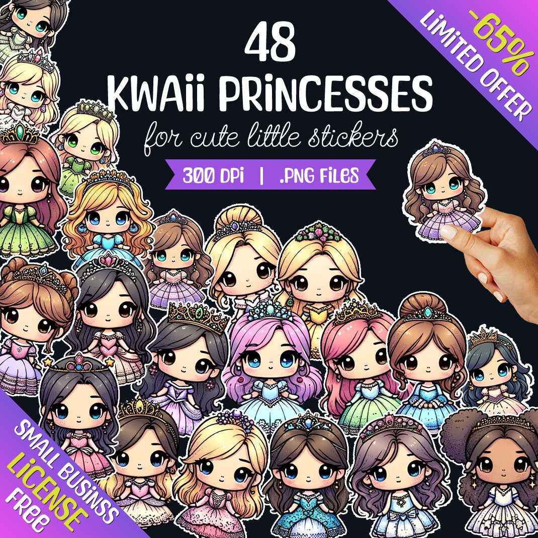 48 Kawaii Princesses Pack | Print and Cut Ready | Perfect for Stickers ...