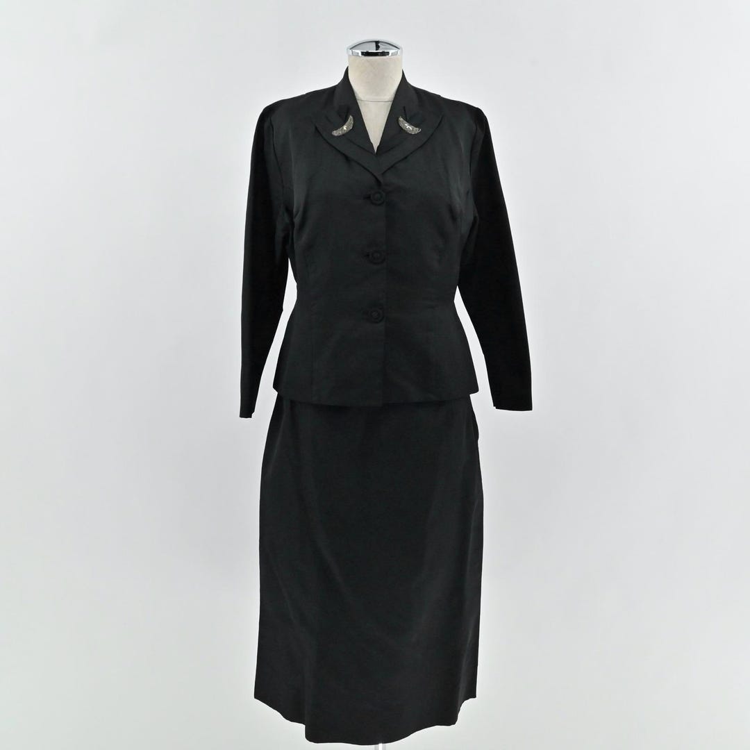 True Vintage 60s Black Skirt Suit Set Size S Blazer Pencil Secretary ...