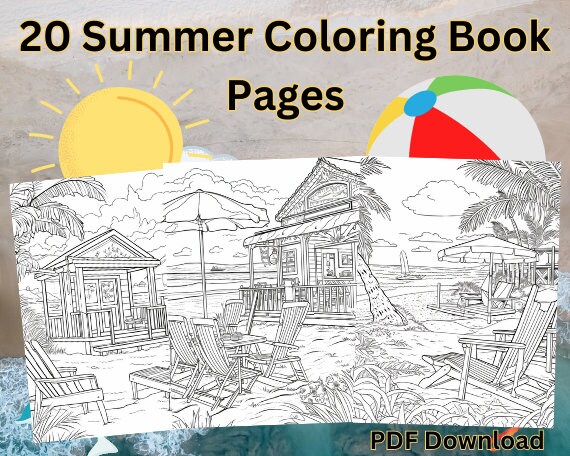 20 Pages Summer Coloring Book, Summer Beach Coloring Book, Summer ...