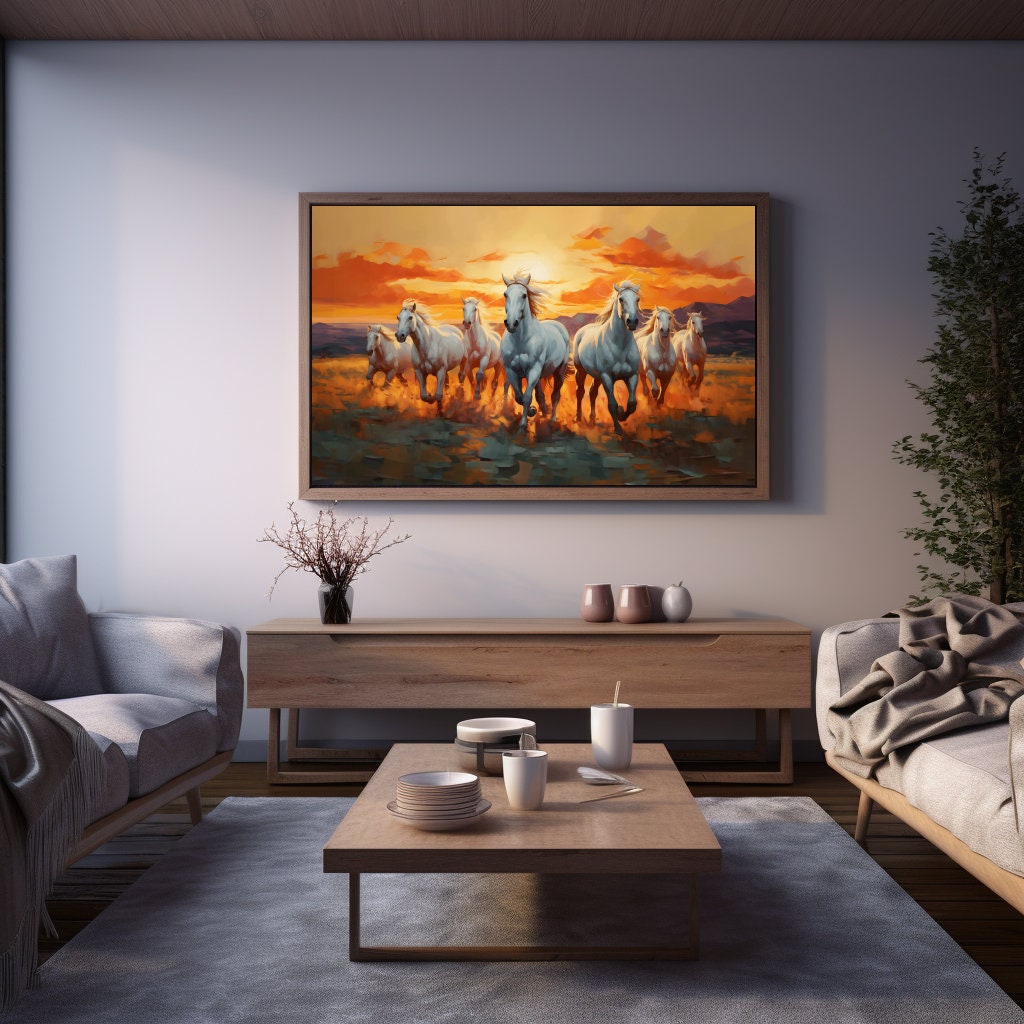 Seven Horses Painting, 7 White Running Horses, Digital Print, Horse ...