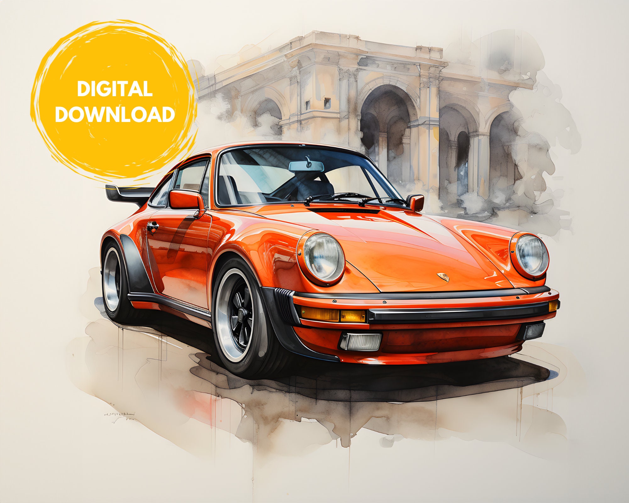 Watercolor Car Painting, Digital Car Print, Porsche 930 911 Turbo 1975 ...
