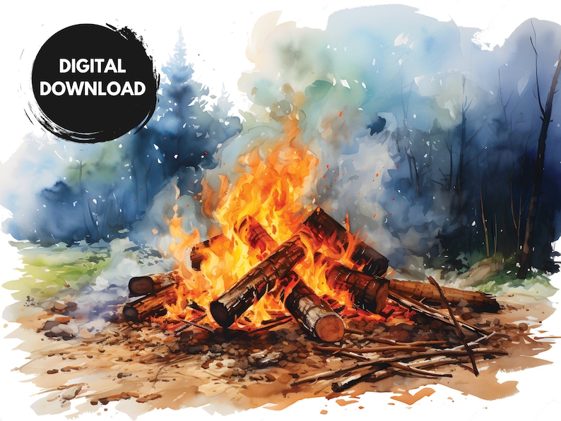 Campfire Watercolor Painting, Firewood Campfire Painting, Camping ...