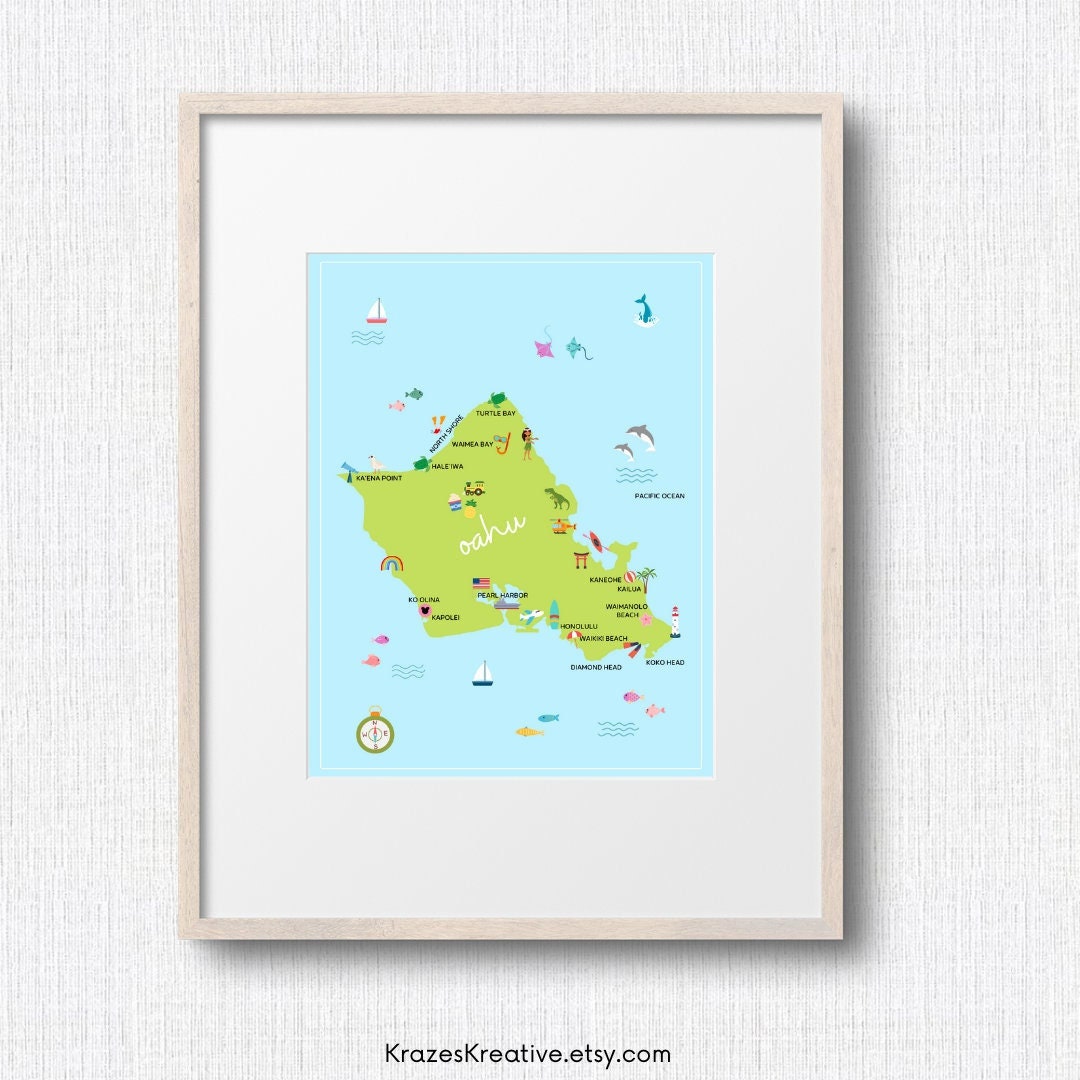 Oahu Hawaii Printable Map Illustrated Wall Art Print Nursery Decor ...