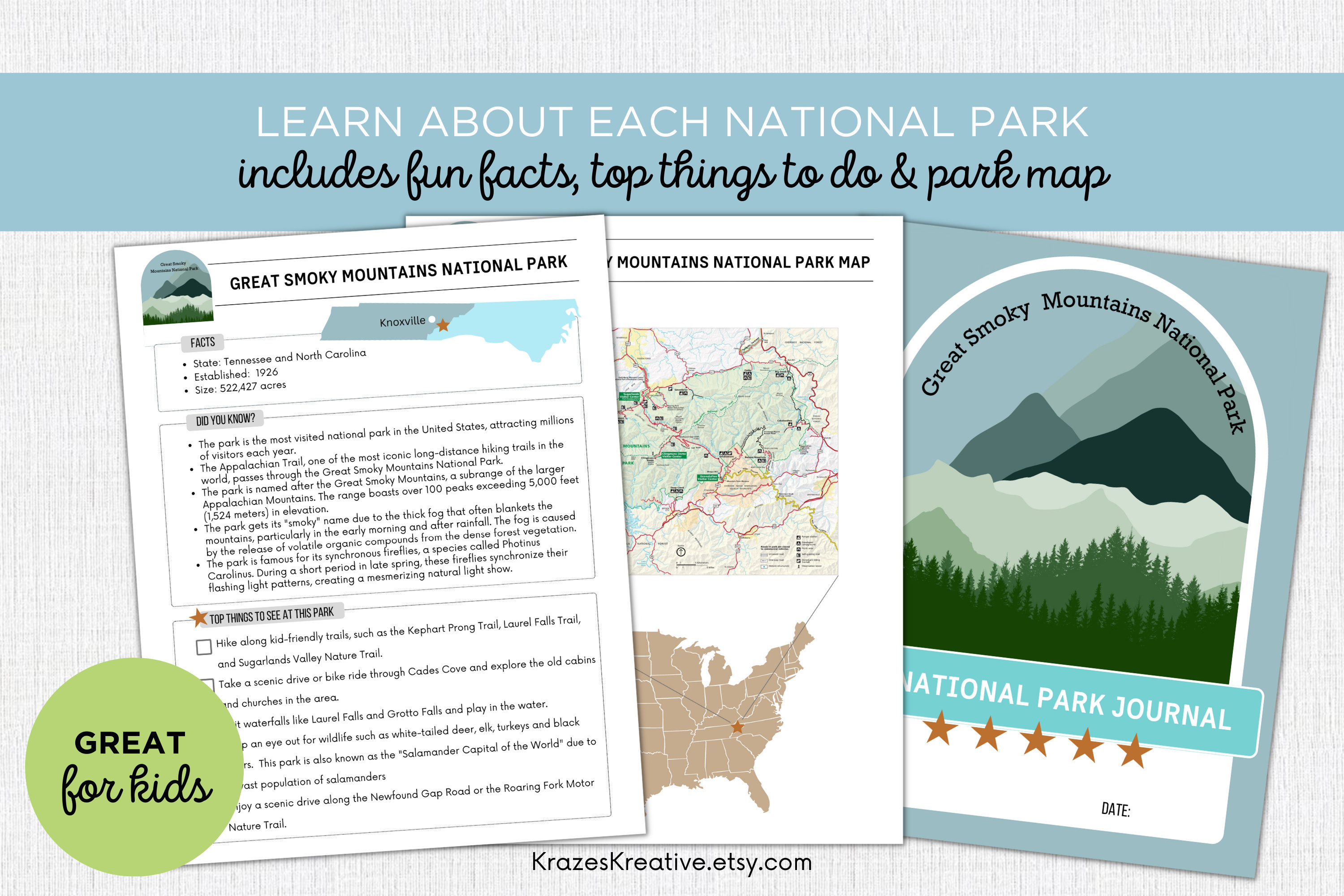 Great Smoky Mountains National Park Printable Travel Journal - Digital ...