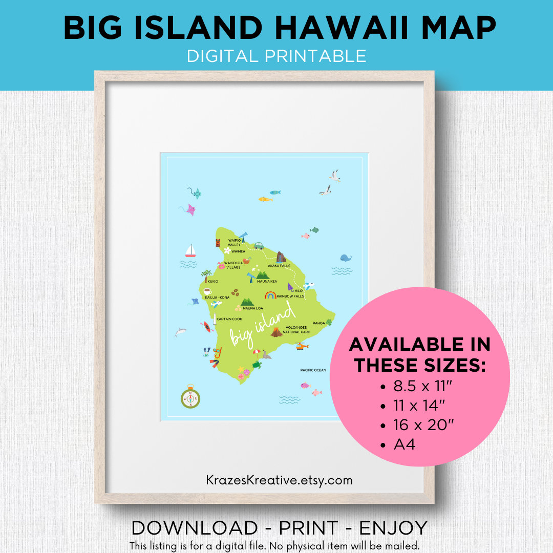 Big Island Hawaii Printable Map Illustrated Wall Art Print Aloha Home ...