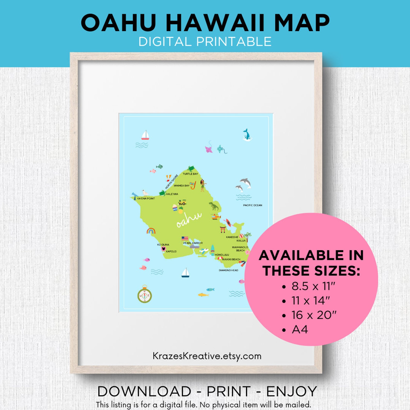 Oahu Hawaii Printable Map Illustrated Wall Art Print Nursery Decor ...