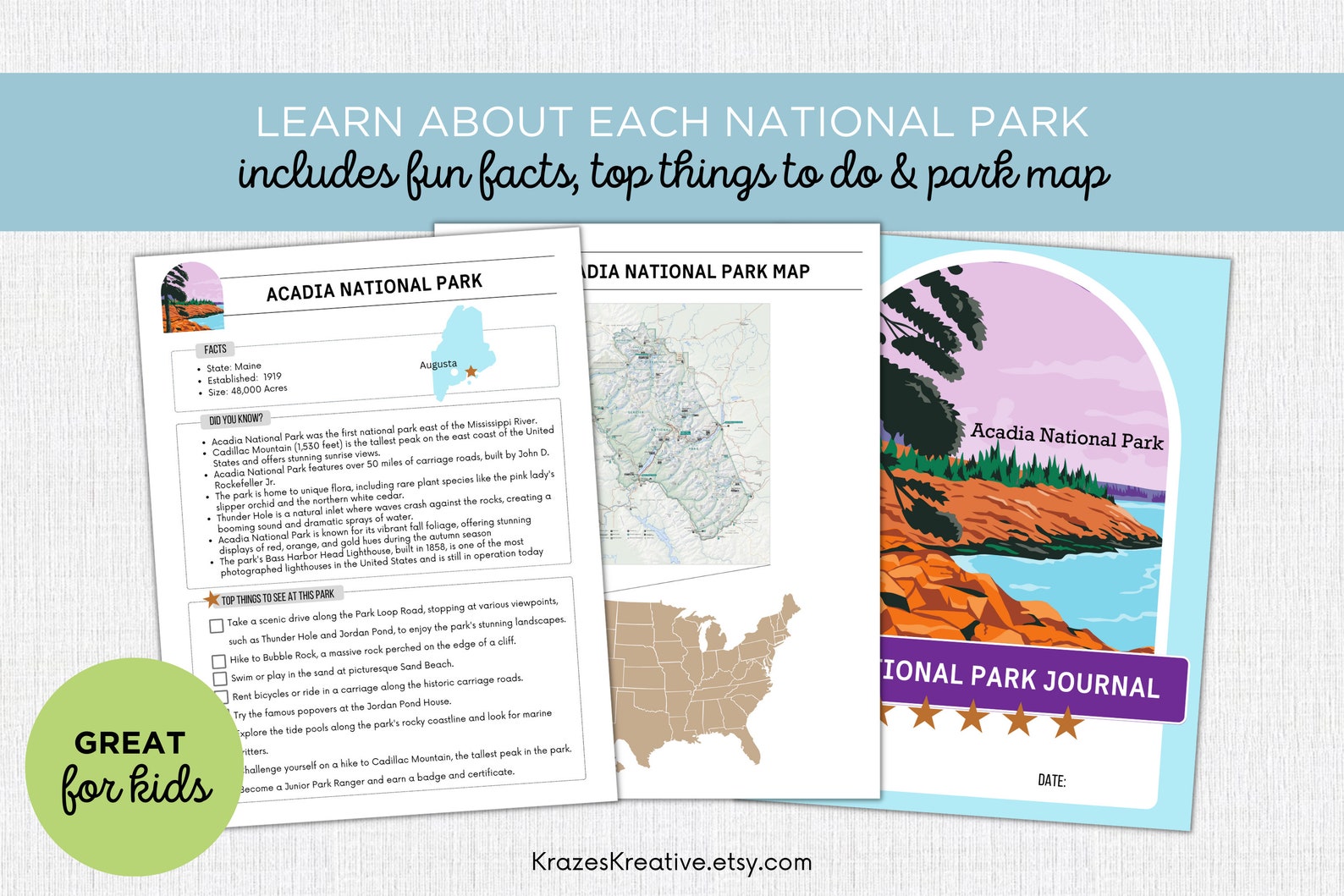 Acadia National Park Printable Travel Journal - Digital Download Kids ...