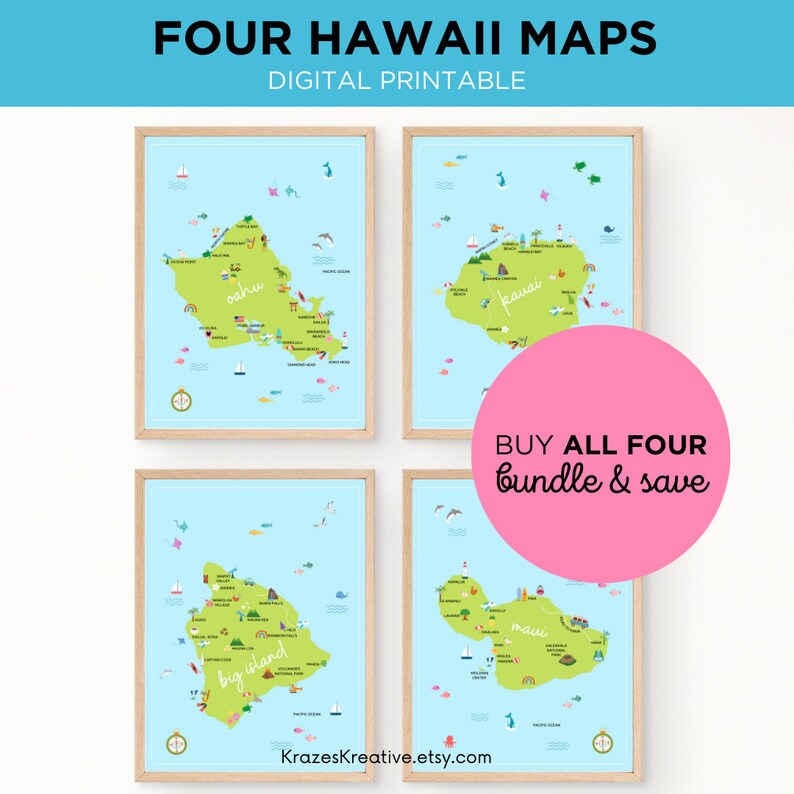 Oahu Hawaii Printable Map Illustrated Wall Art Print Nursery Decor ...