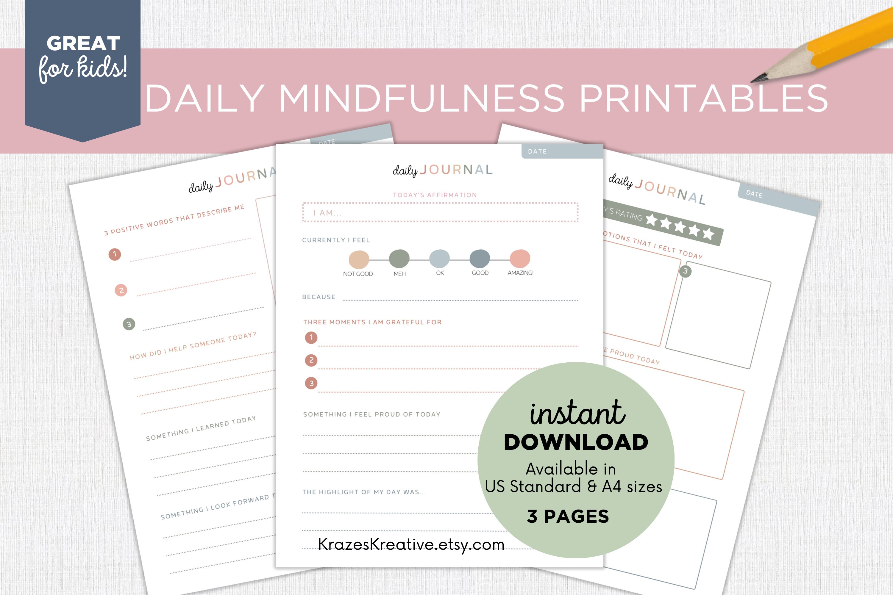 Daily Mindful Journal Printable Pages for Kids and Teens Mental ...
