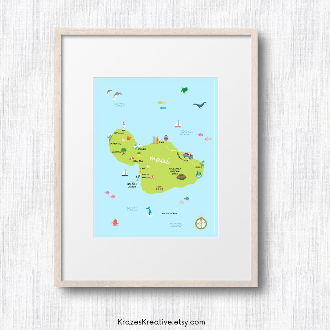Maui Hawaii Printable Map Illustrated Wall Art Print Home Decor ...