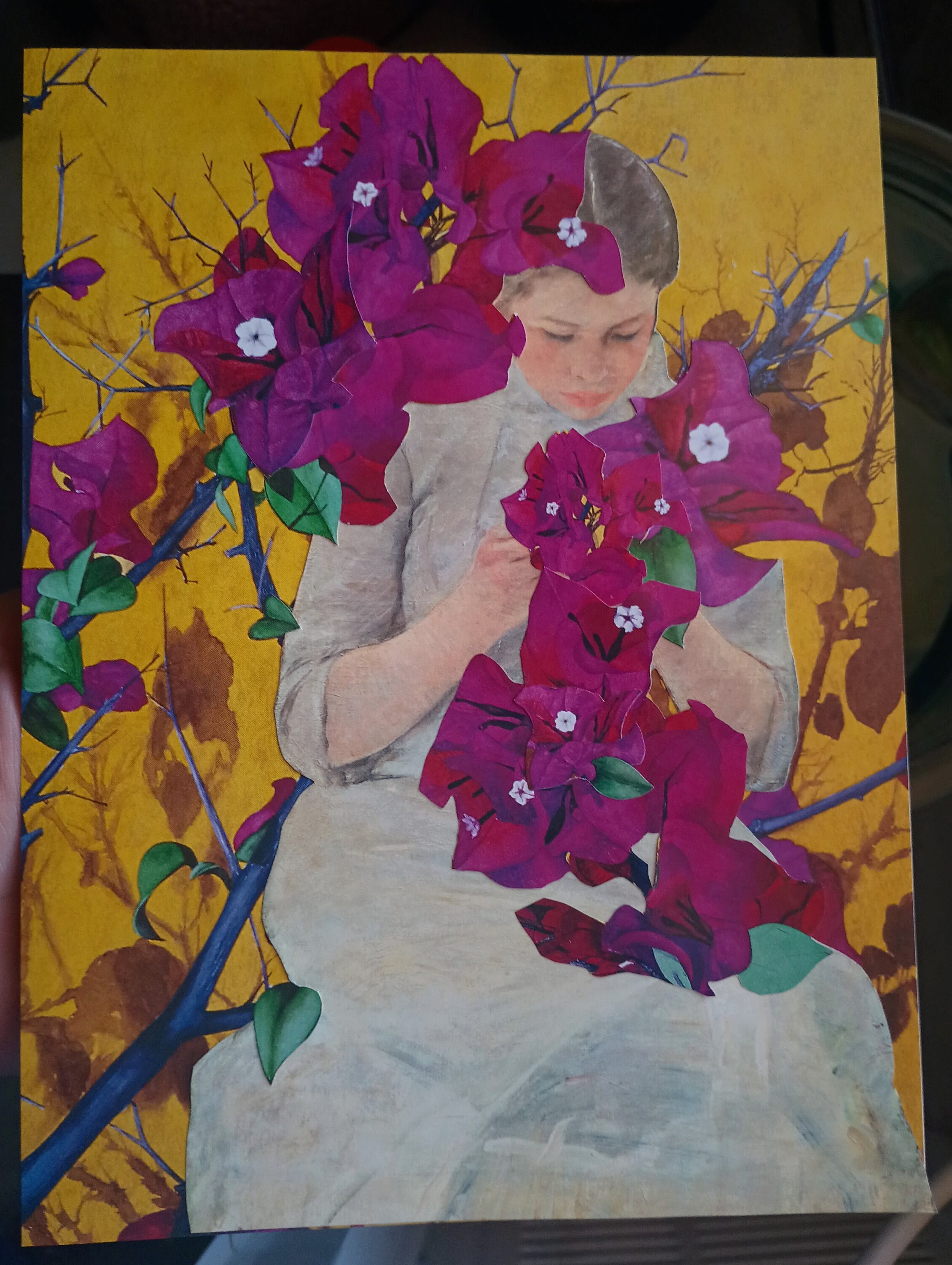 Original Handmade Paper Collage Flowers, Portrait of a Lady Sewing ...