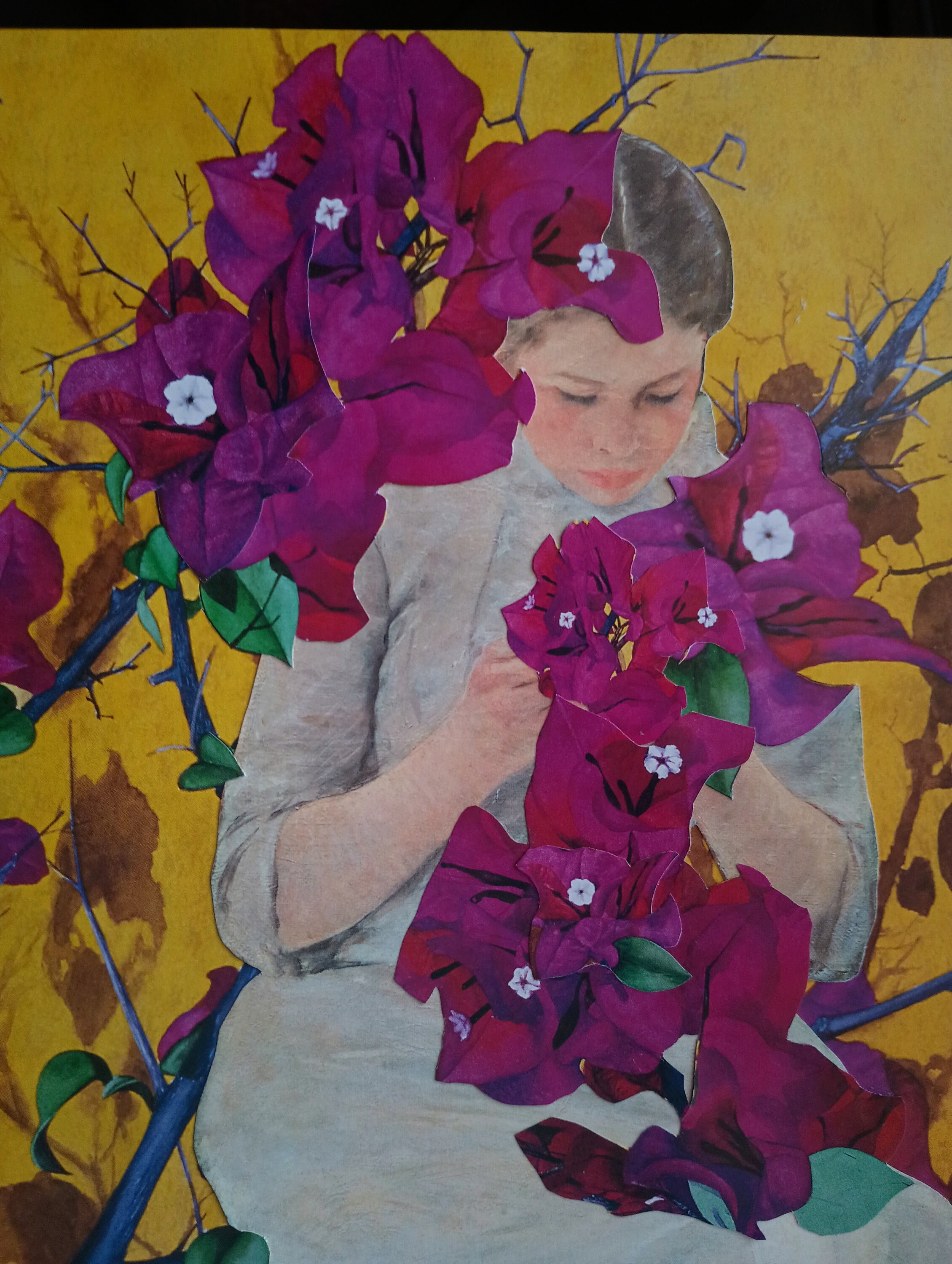 Original Handmade Paper Collage Flowers, Portrait of a Lady Sewing ...