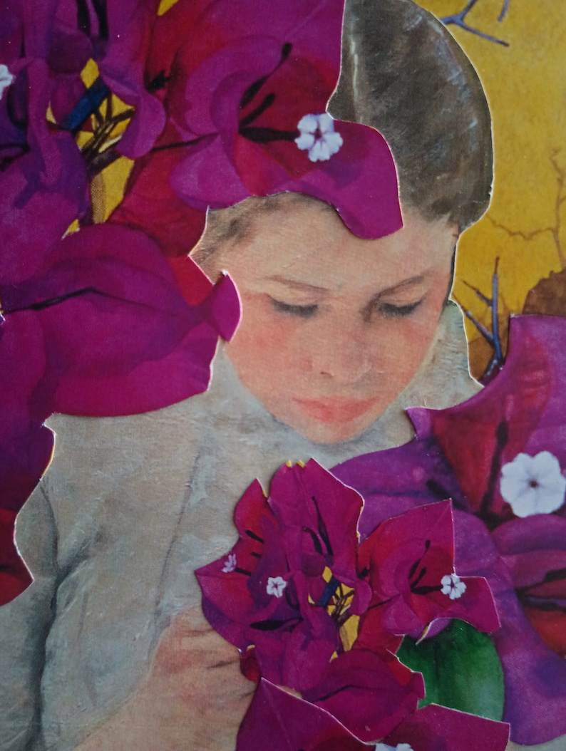 Original Handmade Paper Collage Flowers, Portrait of a Lady Sewing ...