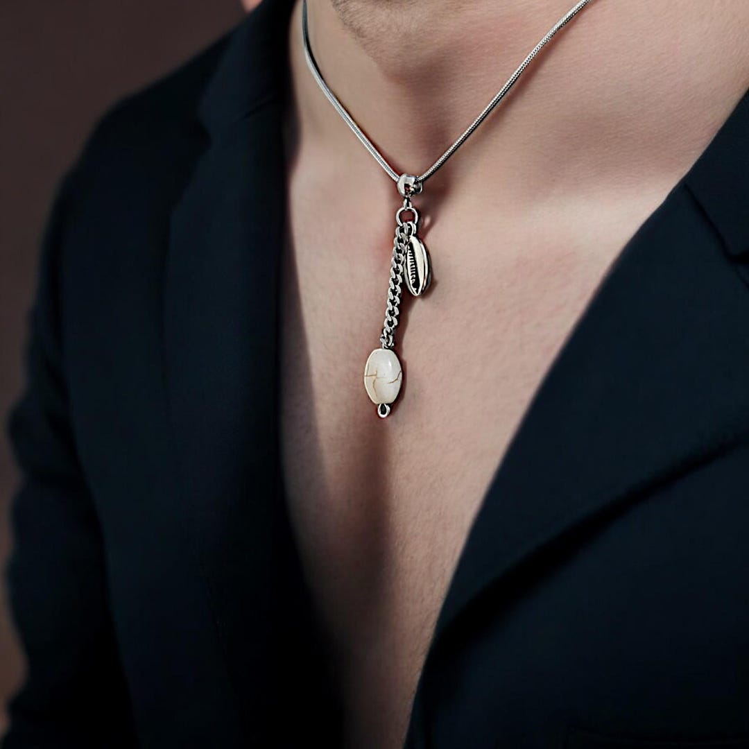 Minimalist Seashell Men Necklace, Elegant Howlite Stone Beads Necklace ...