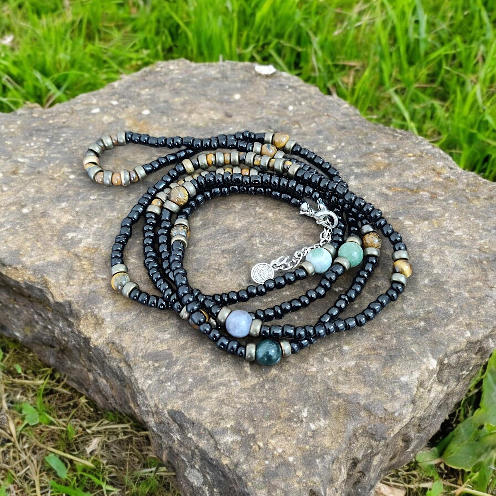 Elegant Layered Mens Natural Stone Necklace, Mens Long Necklace, Jade ...