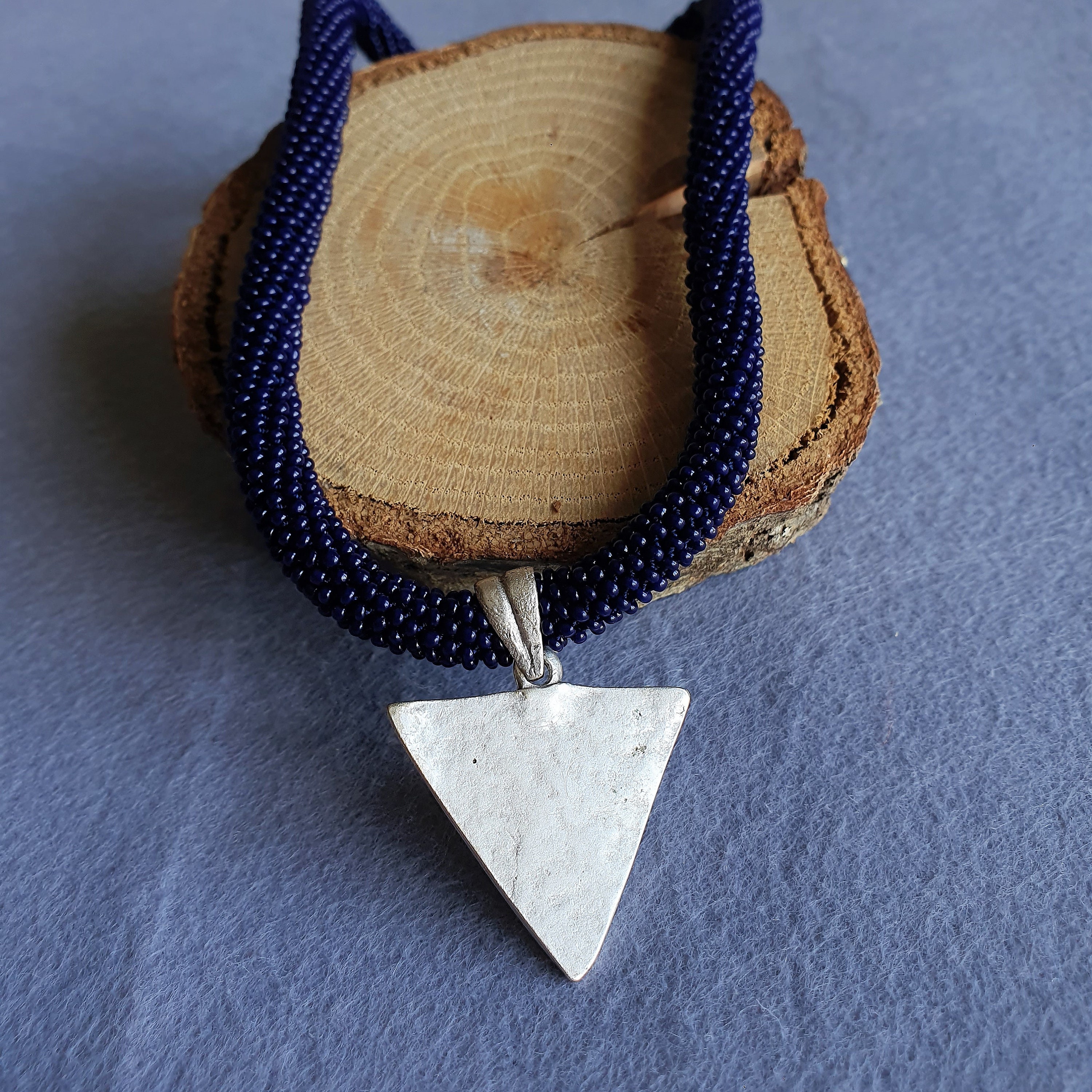 Mens Boho Beaded Crochet Choker, Triangle Amulet Pendant, Chunky ...