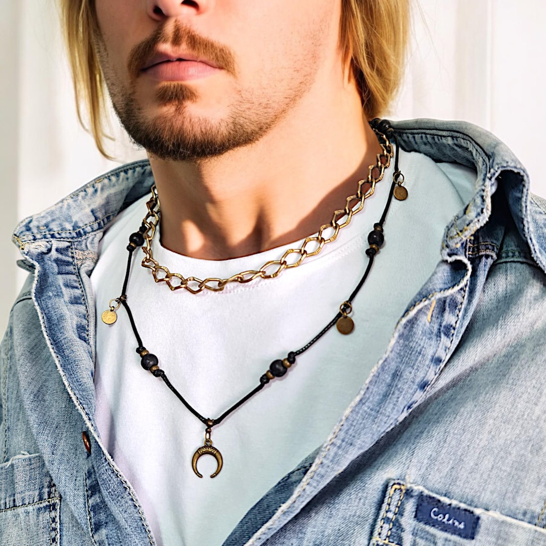 Mens Two Layer Custom Necklace , Minimalist Half Moon Design Elegant ...