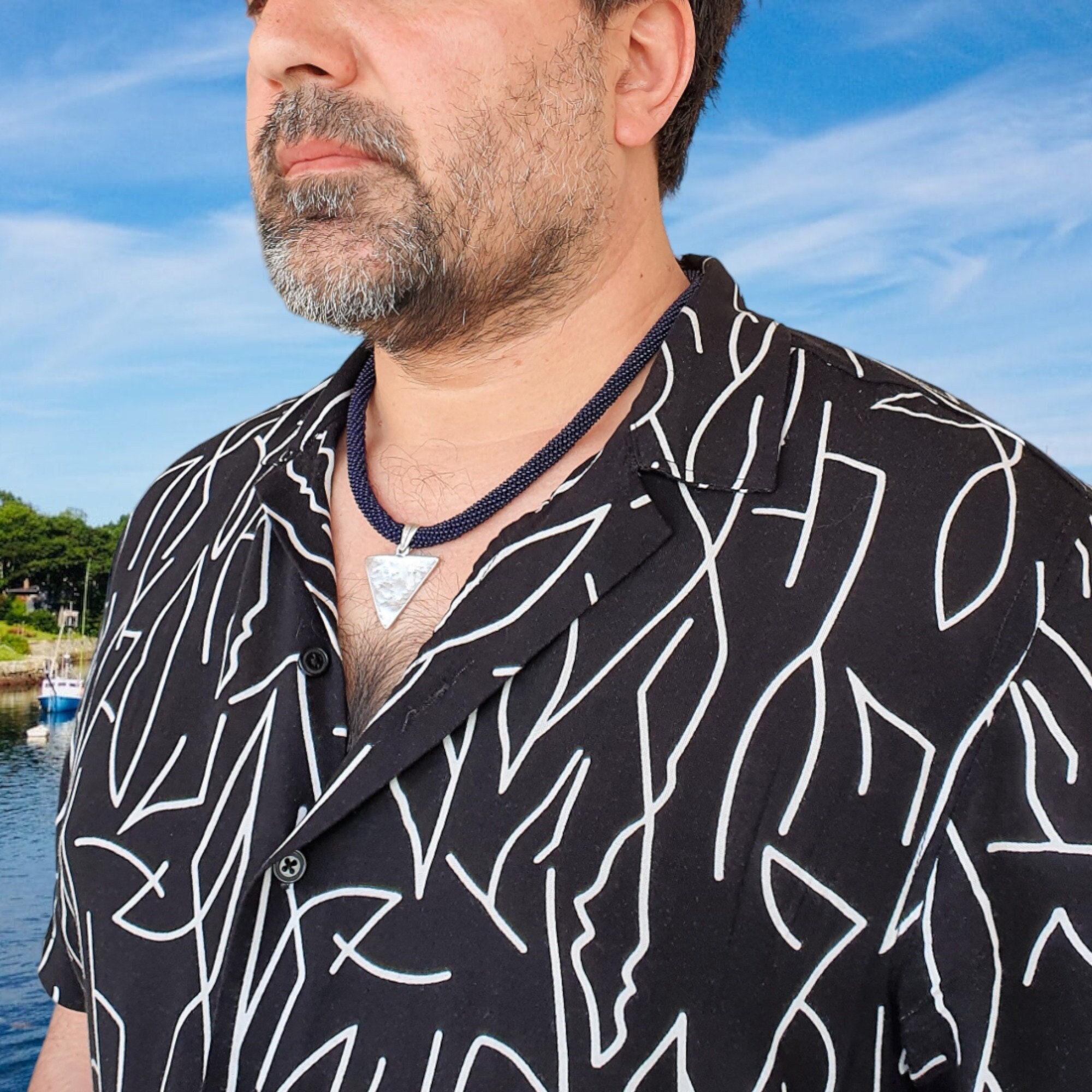 Mens Boho Beaded Crochet Choker, Triangle Amulet Pendant, Chunky ...