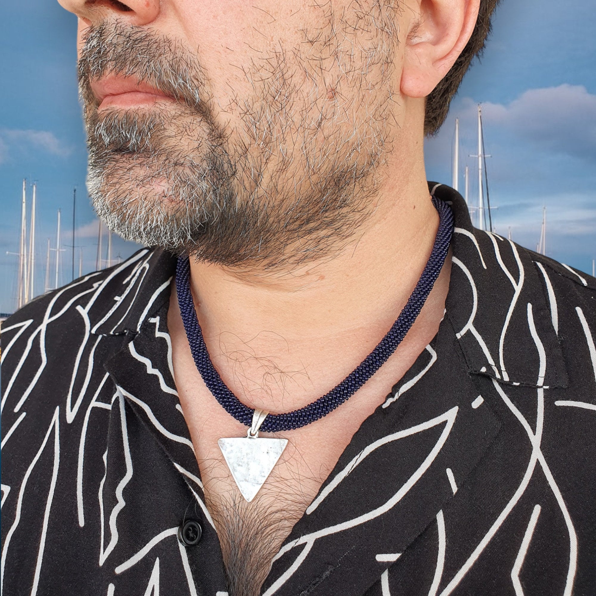 Mens Boho Beaded Crochet Choker, Triangle Amulet Pendant, Chunky ...