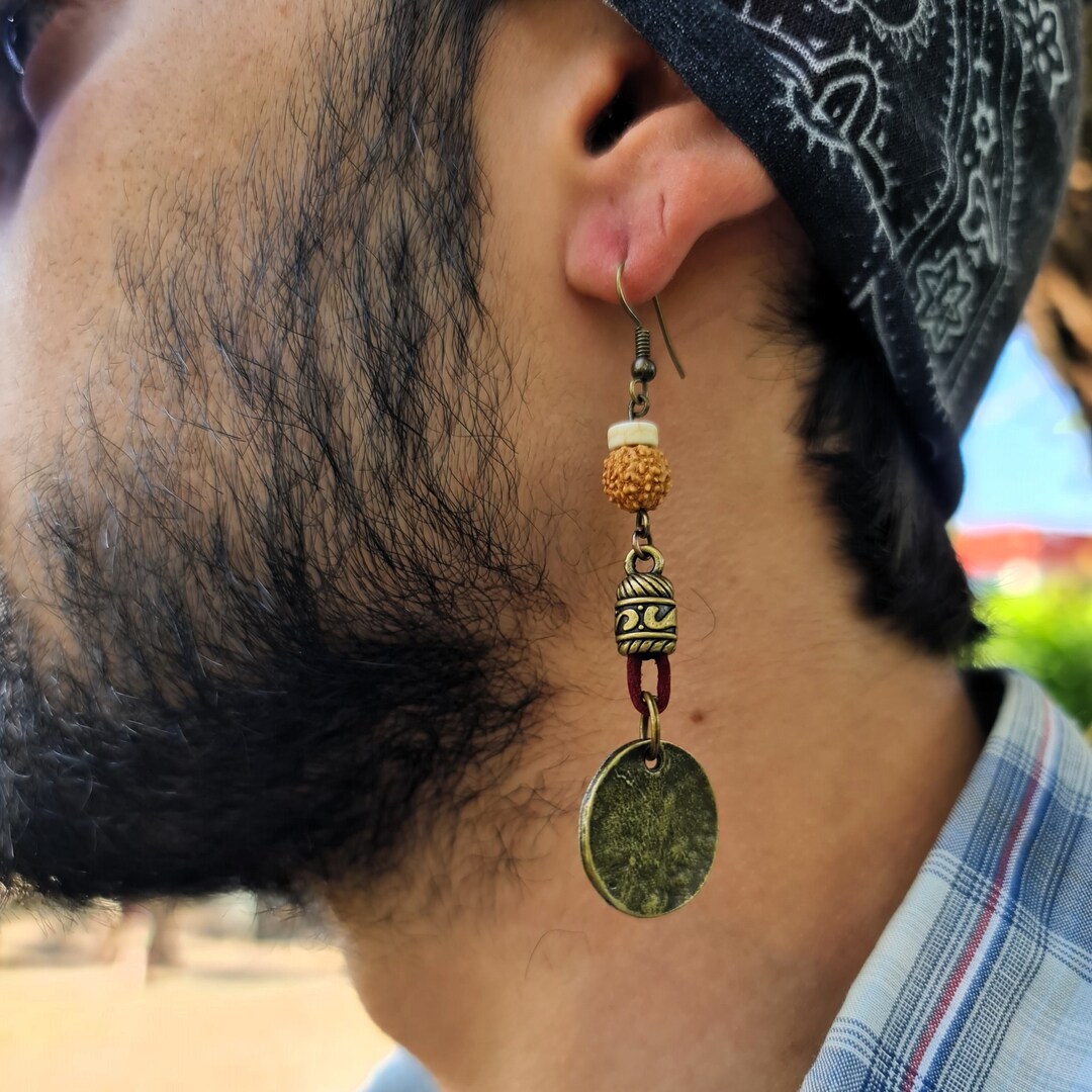 Mens Rudraksha Earring, Antique Bronze Coin Dangle Earring, Mens Beaded ...